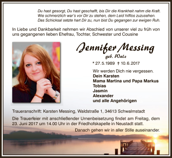 Traueranzeigen von Jennifer Messing | Trauer.HNA.de