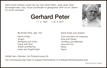 Traueranzeigen von Gerhard Peter | Trauer.HNA.de