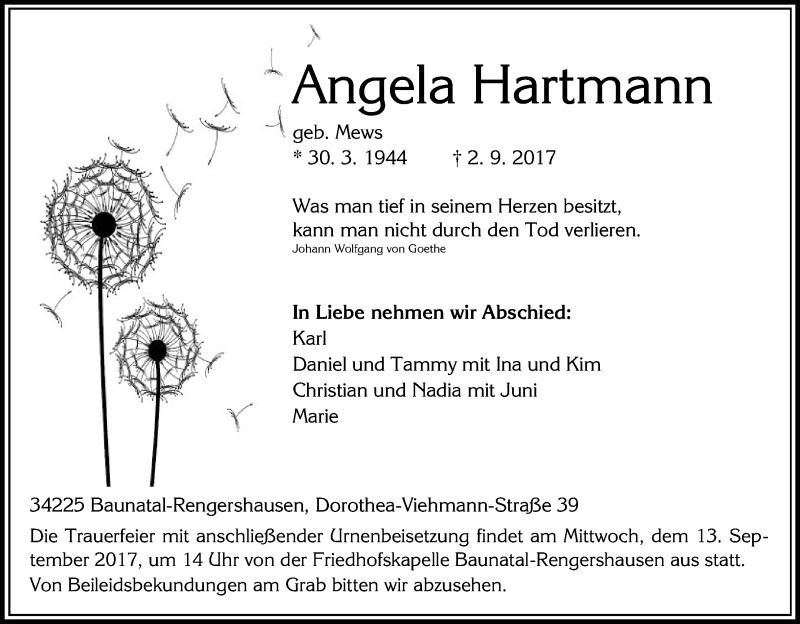 Traueranzeigen von Angela Hartmann | Trauer.HNA.de