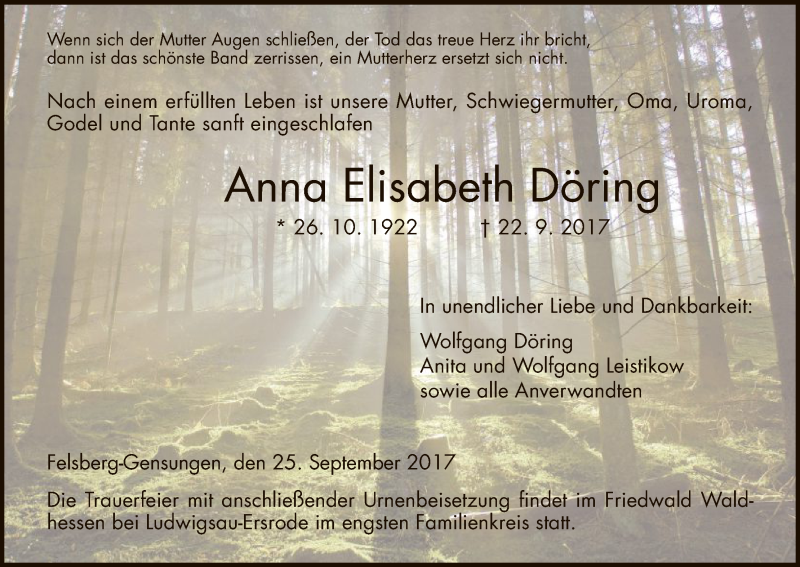 Traueranzeigen von Anna Elisabeth Döring | Trauer.HNA.de