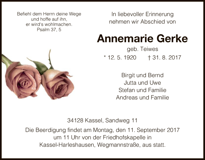 Traueranzeigen von Annemarie Gerke | Trauer.HNA.de