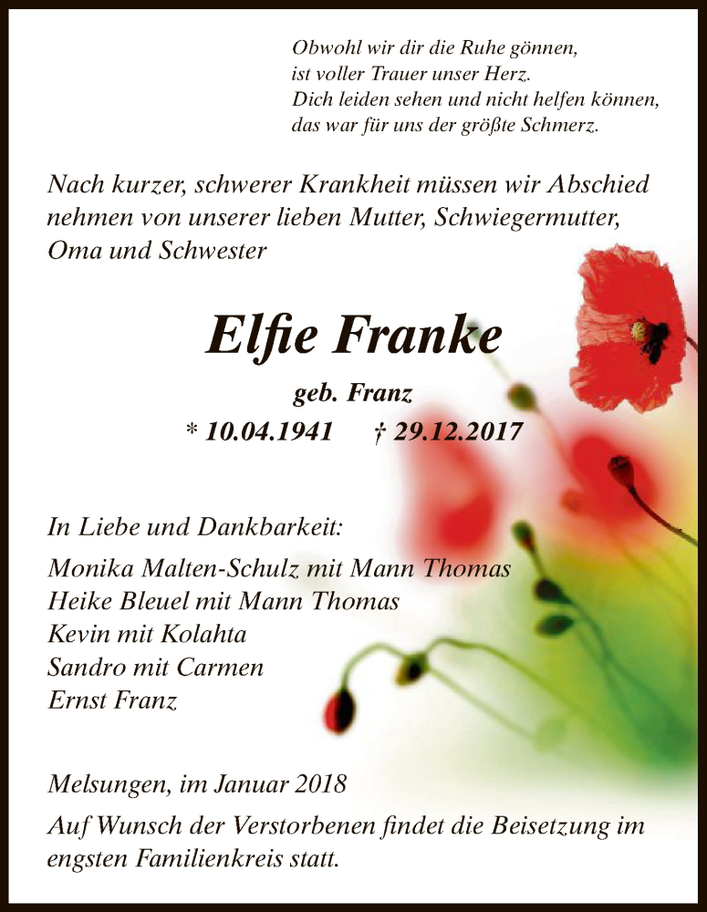Traueranzeigen von Elfie Franke | Trauer.HNA.de