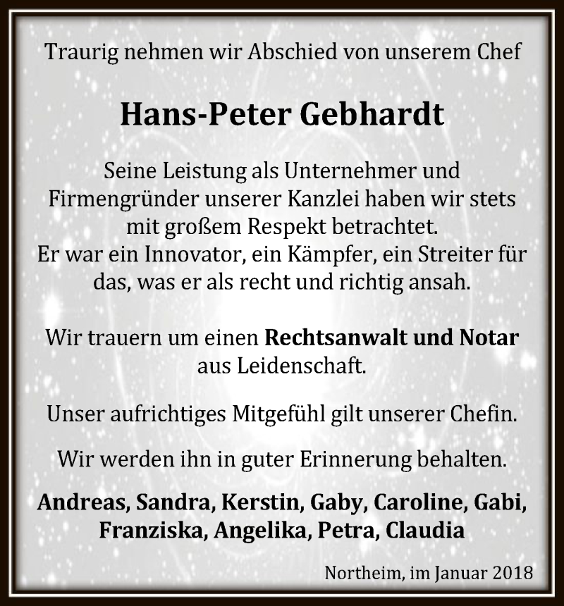 Traueranzeigen von Hans-Peter Gebhardt | Trauer.HNA.de