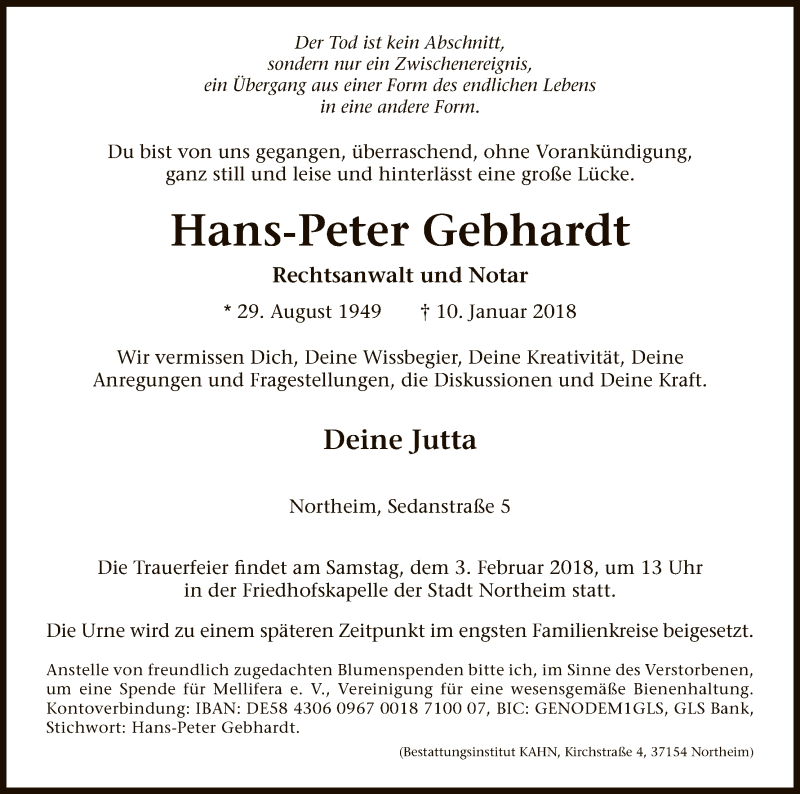 Traueranzeigen von Hans-Peter Gebhardt | Trauer.HNA.de