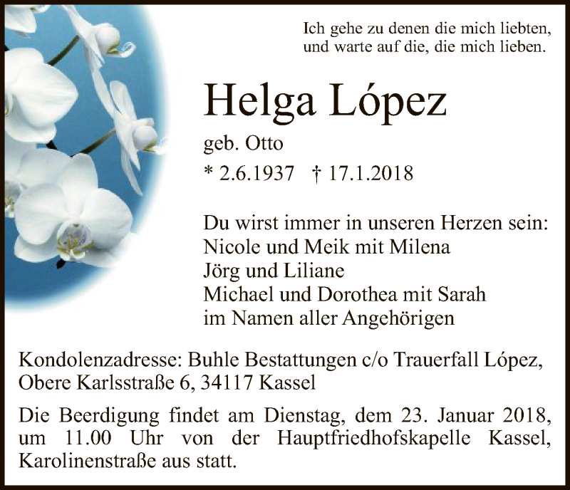 Traueranzeigen von Helga López | Trauer.HNA.de