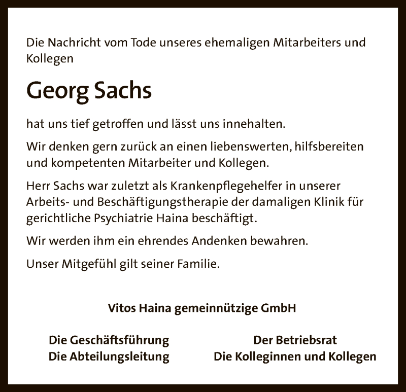 Traueranzeigen von Georg Sachs | Trauer.HNA.de
