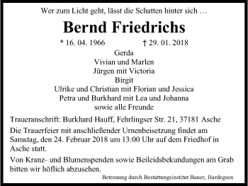 Traueranzeigen von Bernd Friedrichs | Trauer.HNA.de