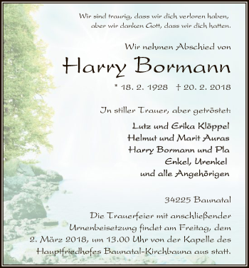 Traueranzeigen von Harry Bormann | Trauer.HNA.de
