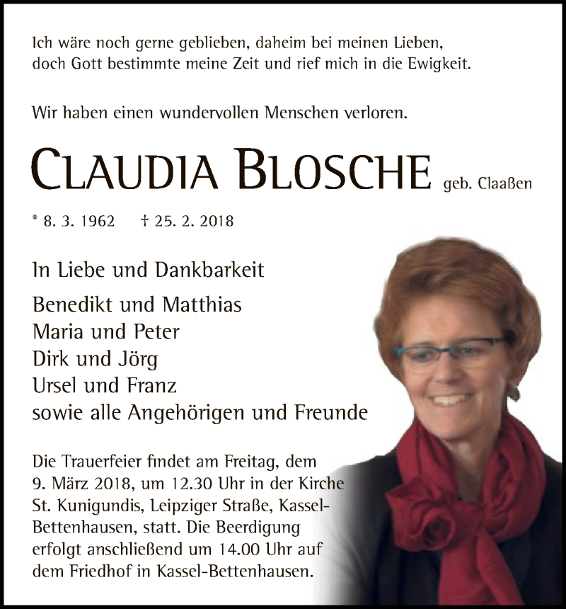 Traueranzeigen von Claudia Blosche | Trauer.HNA.de