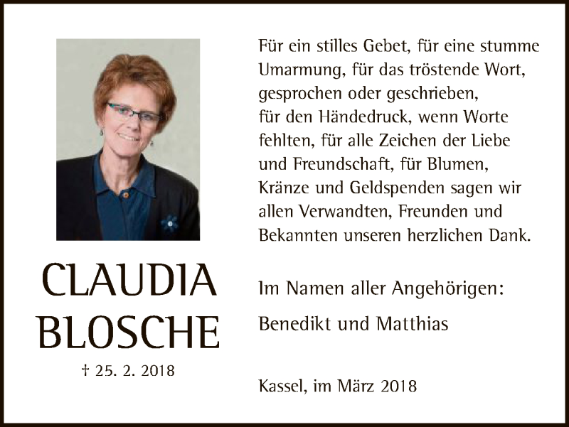 Traueranzeigen von Claudia Blosche | Trauer.HNA.de