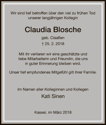 Traueranzeigen von Claudia Blosche | Trauer.HNA.de
