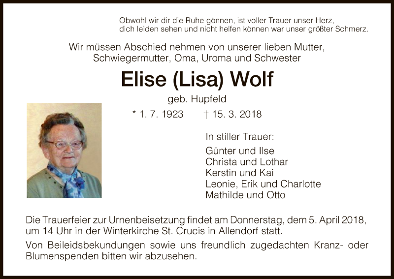 Traueranzeigen von Elise Wolf | Trauer.HNA.de