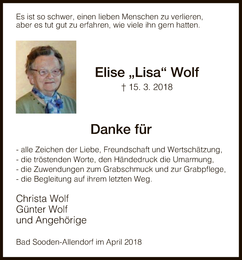 Traueranzeigen von Elise Wolf | Trauer.HNA.de
