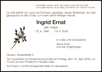 Traueranzeigen von Ingrid Ernst | Trauer.HNA.de