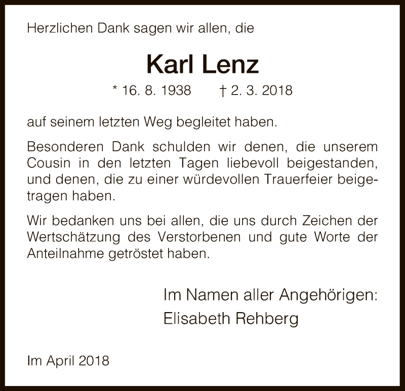 Traueranzeigen von Karl Lenz | Trauer.HNA.de