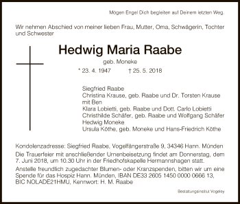 Traueranzeigen von Hedwig Maria Raabe | Trauer.HNA.de