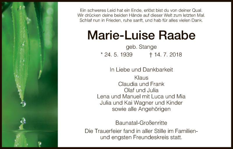 Traueranzeigen von Marie-Luise Raabe | Trauer.HNA.de