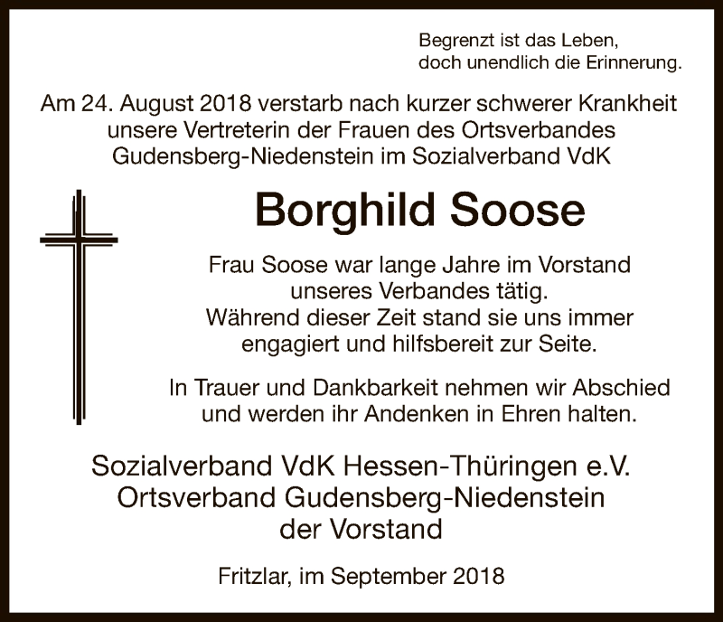 Traueranzeigen von Borghild Soose | Trauer.HNA.de