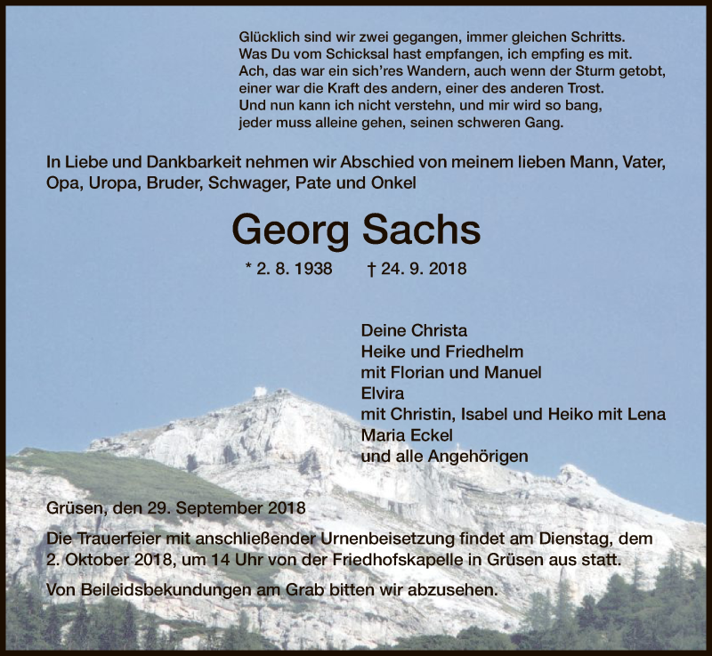 Traueranzeigen von Georg Sachs | Trauer.HNA.de