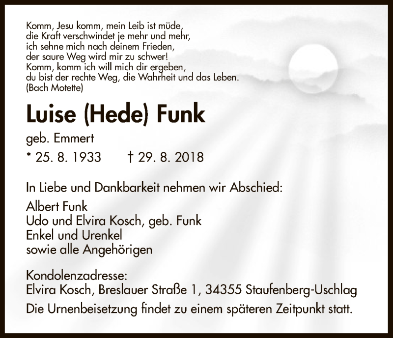 Traueranzeigen von Luise Funk | Trauer.HNA.de