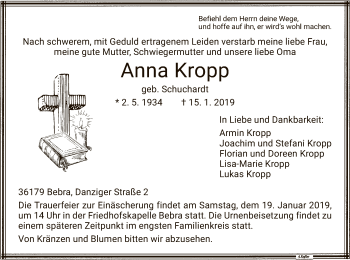 Traueranzeigen von Anna Kropp | Trauer.HNA.de