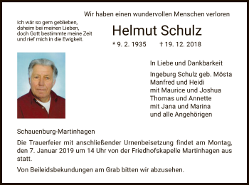Traueranzeigen von Helmut Schulz | Trauer.HNA.de