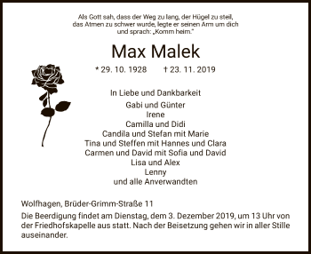 Traueranzeigen von Max Malek | Trauer.HNA.de