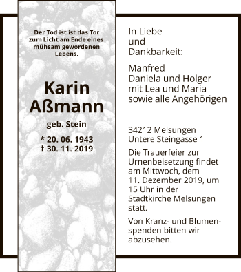 Traueranzeigen von Karin Aßmann | Trauer.HNA.de
