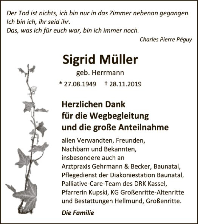 Traueranzeigen von Sigrid Müller | Trauer.HNA.de