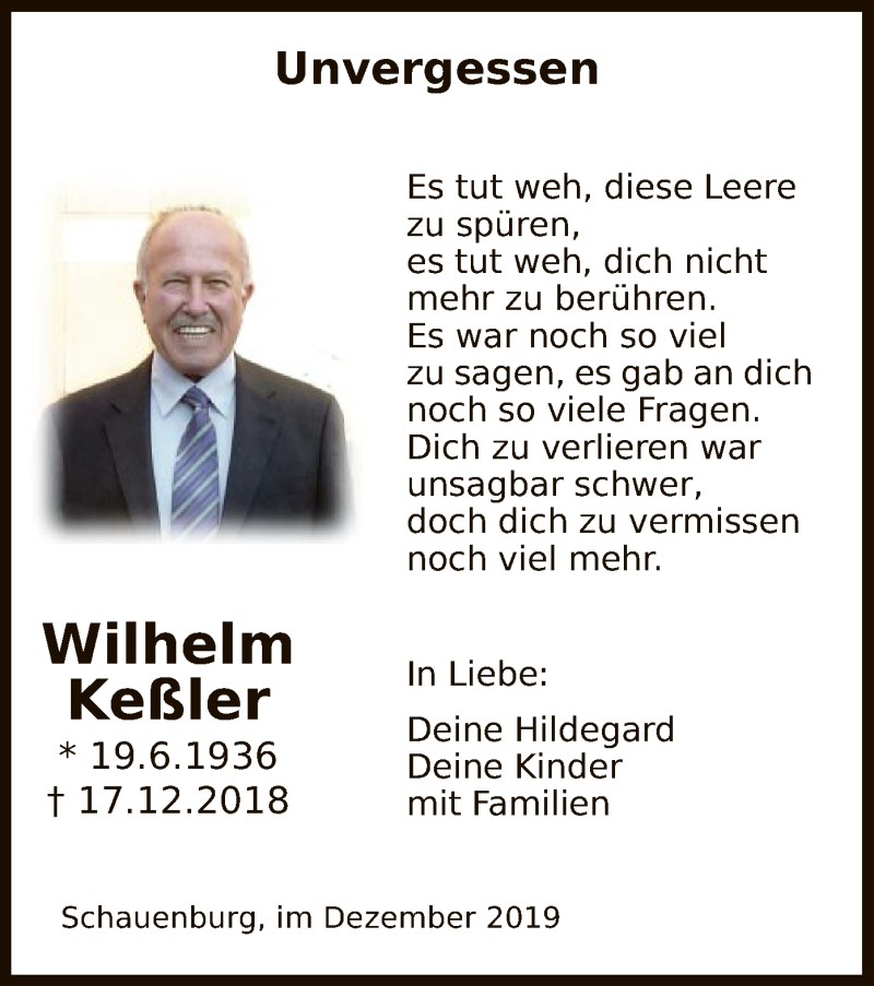Traueranzeigen von Wilhelm Keßler | Trauer.HNA.de
