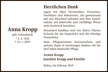 Traueranzeigen von Anna Kropp | Trauer.HNA.de