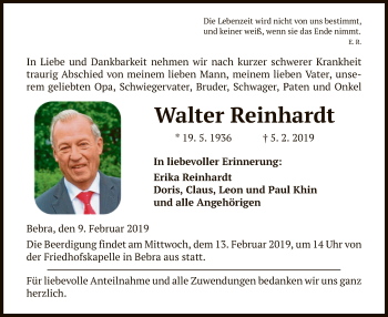 Traueranzeigen von Walter Reinhardt | Trauer.HNA.de