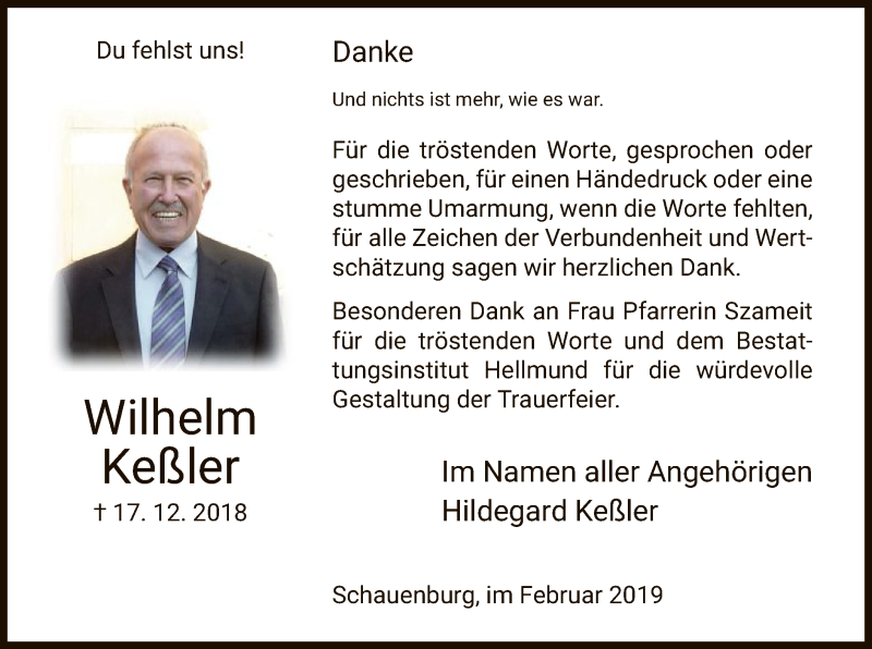 Traueranzeigen von Wilhelm Keßler | Trauer.HNA.de