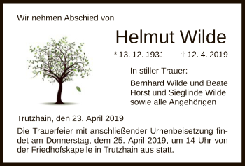 Traueranzeigen von Helmut Wilde | Trauer.HNA.de