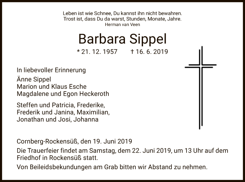 Traueranzeigen von Barbara Sippel | Trauer.HNA.de
