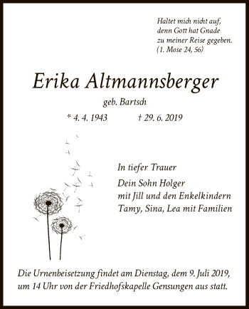 Traueranzeigen von Erika Altmannsberger | Trauer.HNA.de