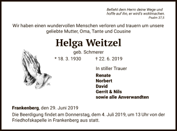 Traueranzeigen von Helga Weitzel | Trauer.HNA.de