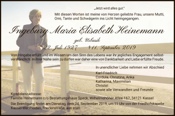 Traueranzeigen von Ingeburg Maria Elisabeth Heinemann | Trauer.HNA.de