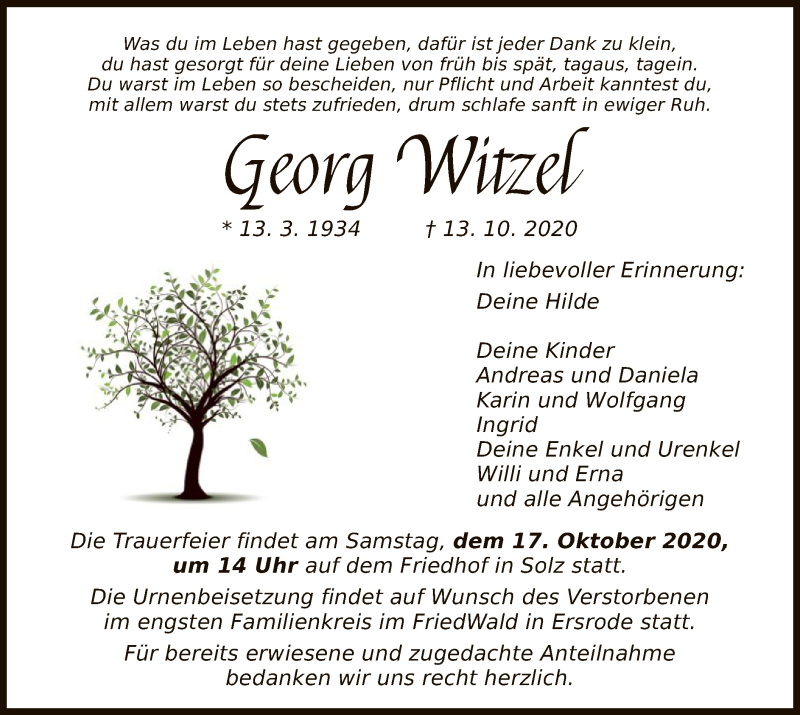 Traueranzeigen von Georg Witzel | Trauer.HNA.de