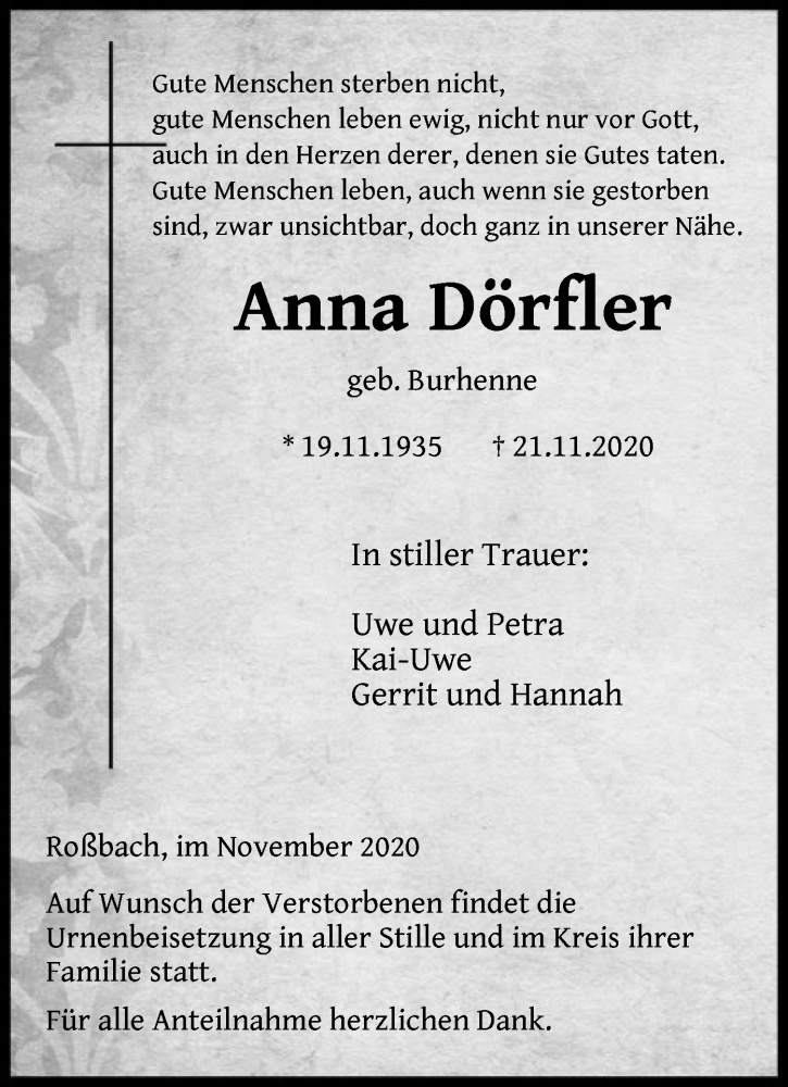 Traueranzeigen von Anna Dörfler | Trauer.HNA.de