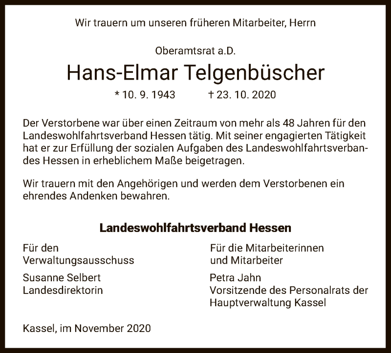 Traueranzeigen von Hans-Elmar Telgenbüscher | Trauer.HNA.de