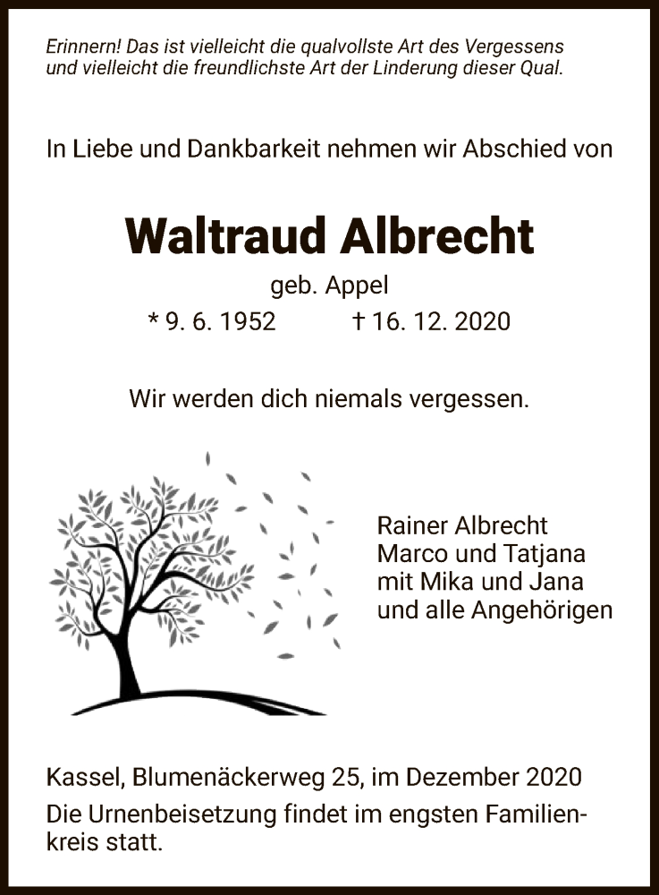 Traueranzeigen von Waltraud Albrecht | Trauer.HNA.de