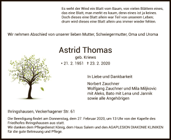 Traueranzeigen von Astrid Thomas | Trauer.HNA.de