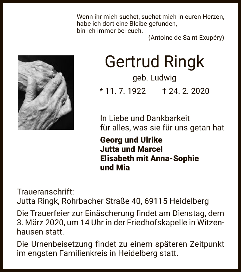 Traueranzeigen von Gertrud Ringk | Trauer.HNA.de Traueranzeigen von Gertrud Ringk | Trauer.HNA.de
