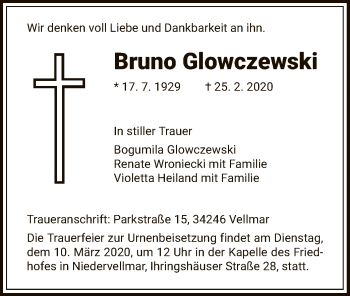 Traueranzeigen von Bruno Glowczewski | Trauer.HNA.de