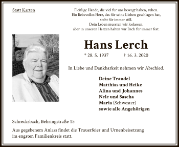 Traueranzeigen von Hans Lerch | Trauer.HNA.de