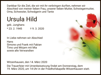 Traueranzeigen von Ursula Hild | Trauer.HNA.de