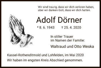 Traueranzeigen von Adolf Dörner | Trauer.HNA.de