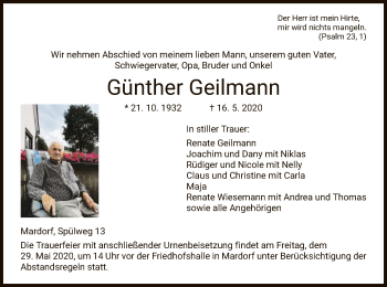 Traueranzeigen von Günther Geilmann | Trauer.HNA.de