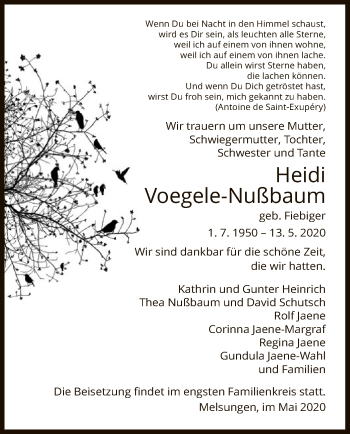 Traueranzeigen von Heidi Voegele-Nußbaum | Trauer.HNA.de